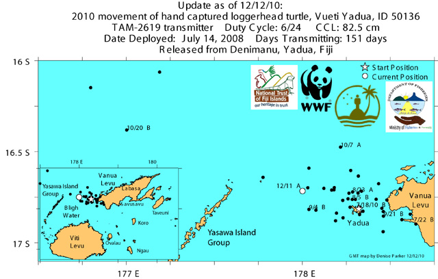 Latest map of 151 days transmission of the first three loggerhead ...