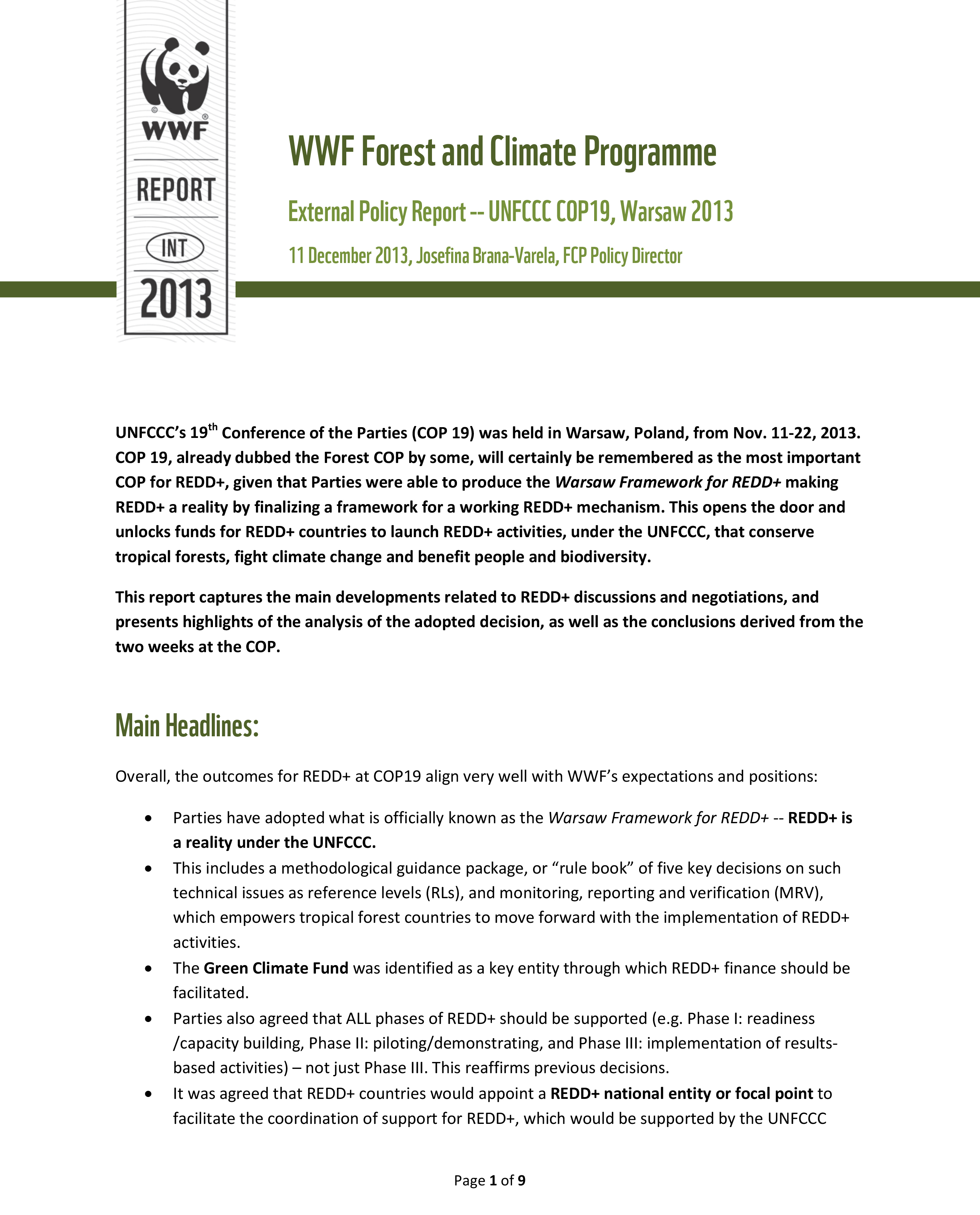 WWF Policy Report - UNFCCC COP 19, Warsaw, 2013 | WWF